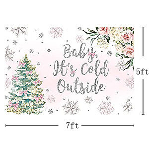 MEHOFOND Baby It's Cold Outside Backdrop Girl Baby Shower Party Decorations Silver Snowflake Winter Wonderland Photo Booth Banner Christmas Tree White Blush Pink Floral Background 7x5ft