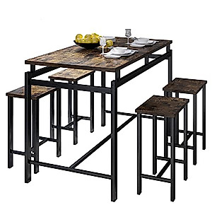 Dining Table Set for 4, 5 Pieces Kitchen Table and Chairs for Small Spaces, Bar Table and Chairs Set, Person Counter Height Table Set with 4 Chairs for Pub Dinner Breakfast(Distressed Brown)