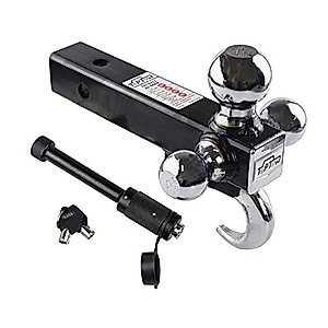 TOPTOW 64180HL Trailer Tri Ball Hitch with Hook, Fits for 2 inch Receiver, Chrome, 5/8 inch Hitch Lock Included