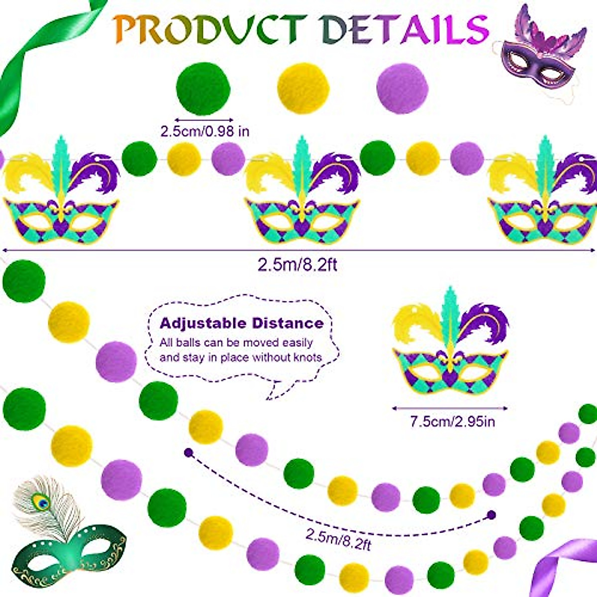 3 Pieces Pom Pom Garlands Mardi Gras Garlands Pompom Ball Banners Gold Purple Green Felt Ball Banners Mardi Gras Hanging Pom Pom Decorations for Mardi Gras Holiday Birthday Party Carnival