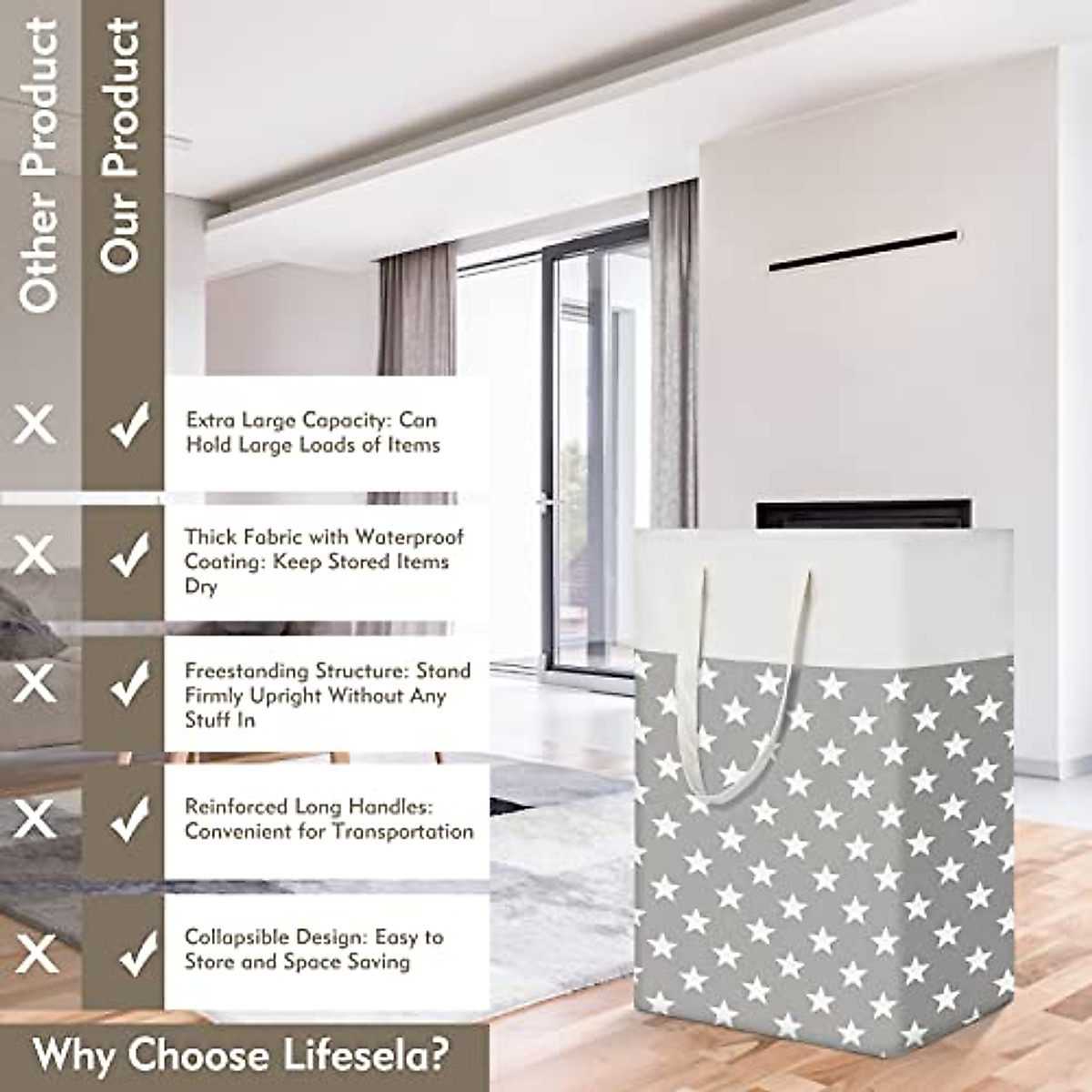 Lifesela 2-Pack Large Laundry Basket, 80L Collapsible Laundry Hamper with Extended Handles, Waterpoof Clothes Hampers for Laundry, Freestanding Tall Laundry Bin for Bedroom, Bathroom, Dorm, Grey
