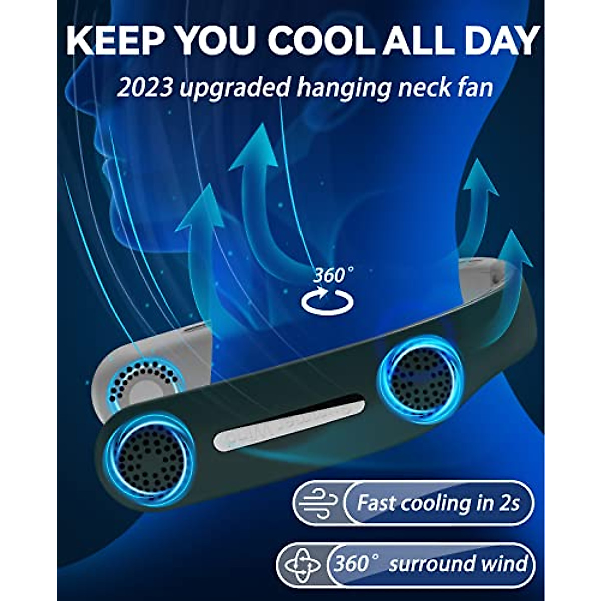 Neck Fan, 6000mAh 4 Turbo Portable Bladeless Personal Fans Rechargeable Battery, 3+3 Speeds Hands Free Hanging 360° Cooling Fans Free Adjustment Width, Wearable Leafless for Travel InOutdoor
