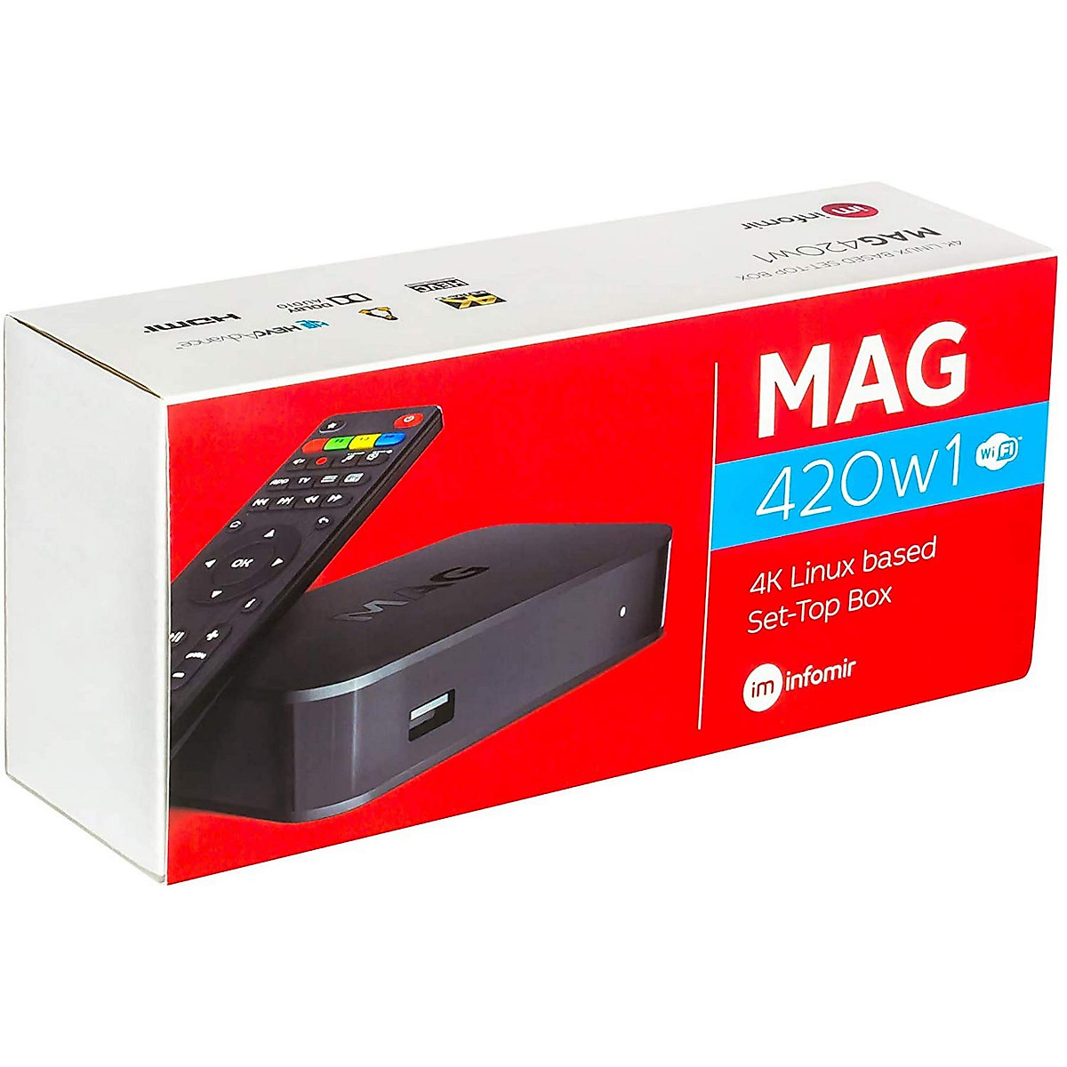 MAG 420w1 4K and HEVC Support, 512 MB RAM, 512 MB NAND, USB × 2 pcs. (3.0, 2.0), Built-in Wi-Fi, Linux OS, HDMI and RCA outputs
