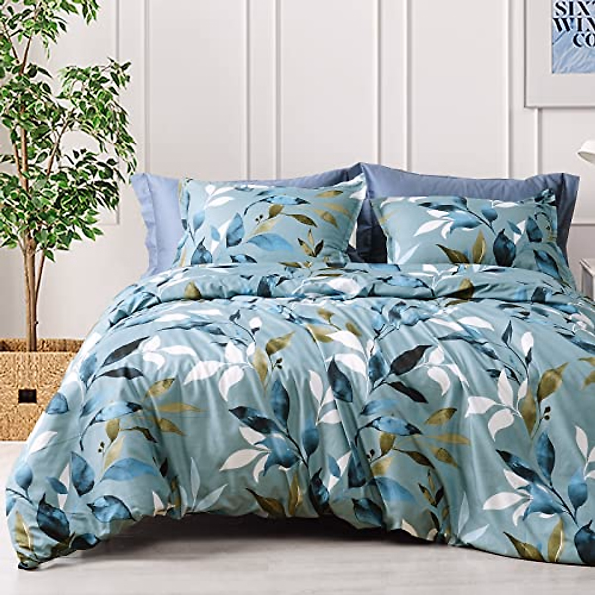 PHF Washed Soft Duvet Cover Set Queen Size, 3PCS Stylish Botanical Comforter Cover Set, Ultra Soft Comfy Durable Chic Duvet Cover with Pillow Shams Bedding Collection, 90" x 90", Sage Green Botanical
