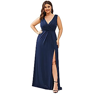 Ever-Pretty Women's Plus Size Double V Neck Sleeveless Open Back Summer Wedding Guest Dresses Navy Blue US14