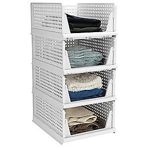 Hossejoy Set of 4 Stackable Wardrobe Storage Box, Plastic Drawer Organizer, Foldable Clothes Shelf Baskets, Folding Containers Bins Cubes, Perfect for Kitchen, Office, Bedroom & Bathrooms(White)