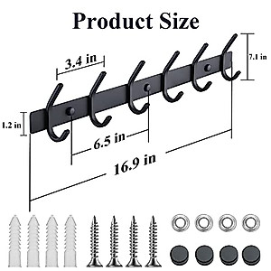 Piyl Coat Rack Wall Mount 17 '' Heavy Duty StainlessSteel, Coat Hook for Hanging Coats ,Metal Hooks Rack With 6 Double Hooks Coat Hanger Wall Mounted for Coat Hat Robe Clothes Bathroom Entryway ,Black