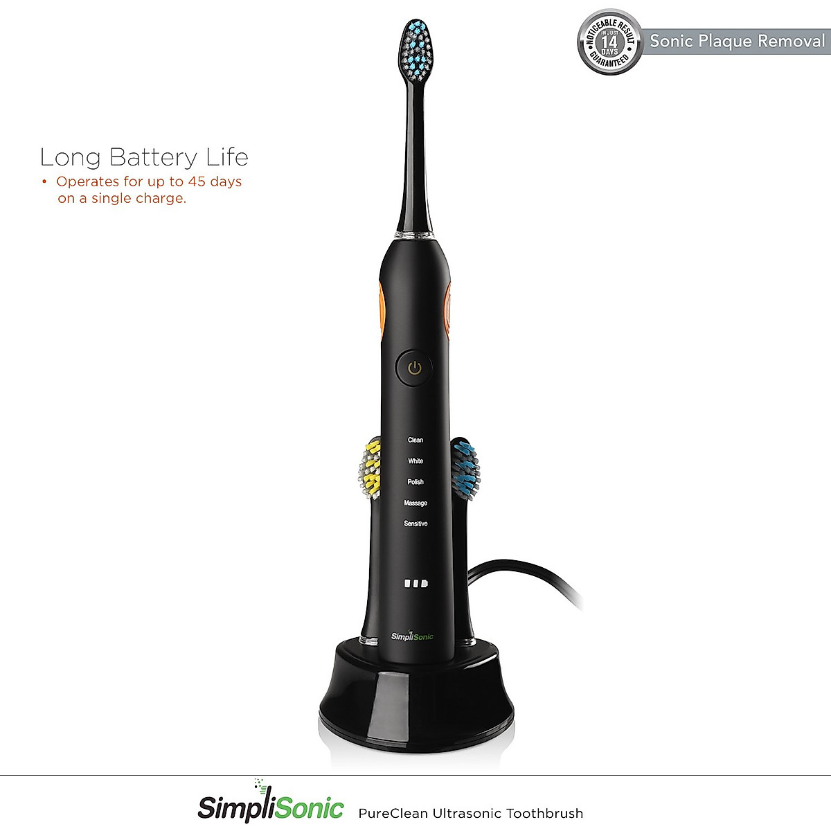 SimpliSonic Ultrasonic Rechargeable Electric Toothbrush Premium Package w/ 12 Heads (Black)