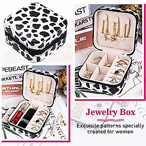 ENONCI Travel Jewelery Case with Cow Print, Travel Essentials for Women Portable Small Jewelry Box, Mini Travel Jewelry Organizer, for Ring, Earring, Necklace, Bracelet Organizer for Girls Women