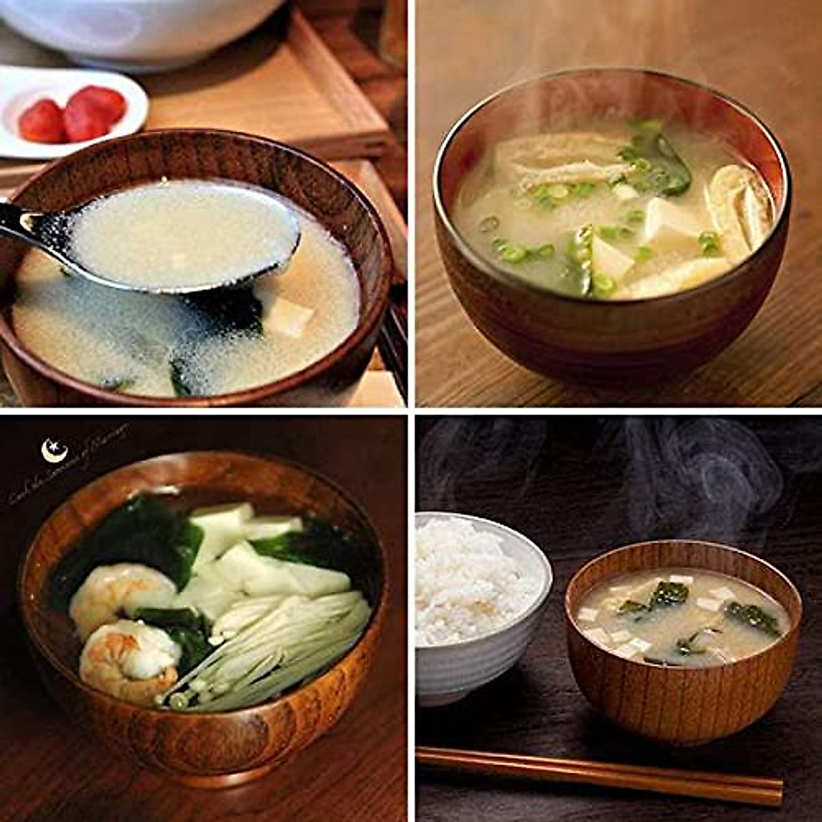 Jaquiain 6 Pcs Wood Bowls Serving for Rice, Soup, Dip, Coffee, Tea, Decoration Wooden Salad Bowl Kitchen Cutlery Set