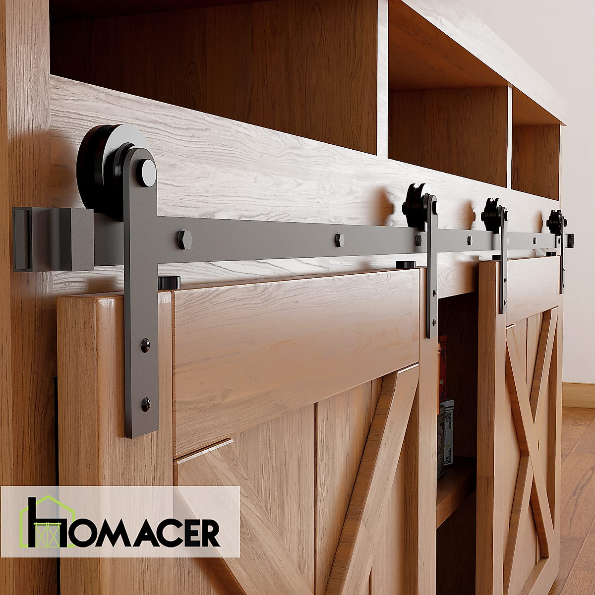 Homacer Mini Black Rustic Non-Bypass Sliding Barn Door Hardware Kit, for Two/Double Doors, 60-inch Long Flat Track, Straight Design Roller, Cabinet TV Stand Console Use…