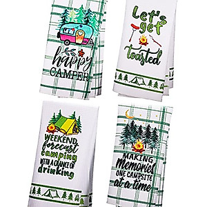 OCCdesign Funny Kitchen Towels for Camper, Camper Gifts, Happy Camper Camping RV Accessories, Set of 4