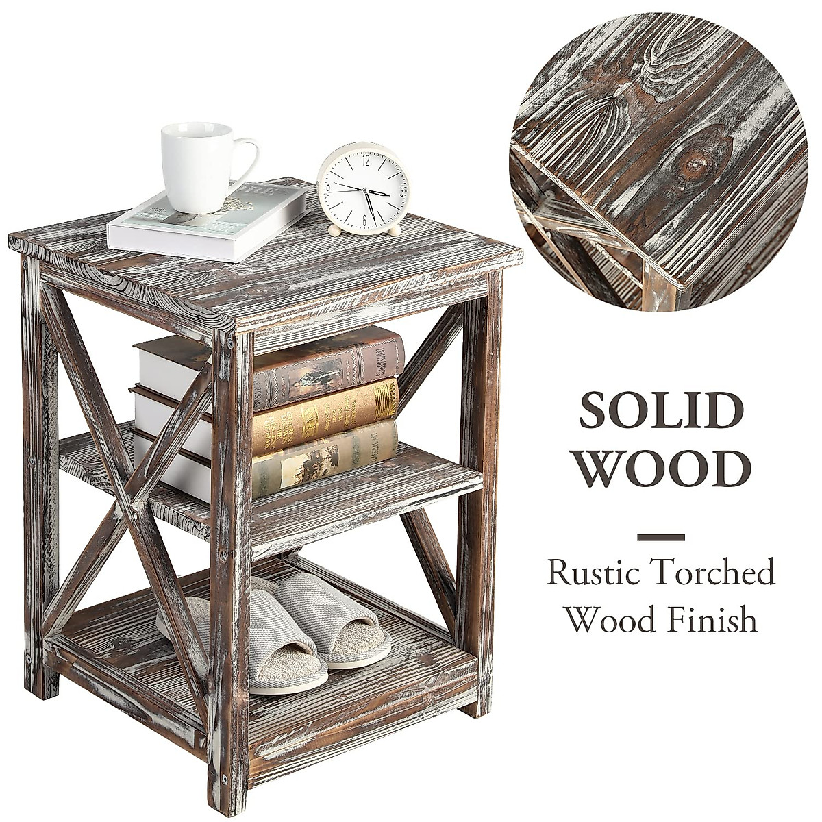 MyGift 24 Inch Tall End Table, Rustic Torched Solid Wood Living Room Accent Side Table with 3 Tier Display Shelf, Wooden X Design Bedroom Nightstand Square Storage Shelves