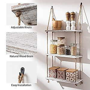 Labcosi 3 Tier Rope Wall Hanging Floating Shelves, Rustic White Wall Shelf, Swing Wood Farmhouse Decor Living Room, Bathroom, Bedroom, and Outdoor