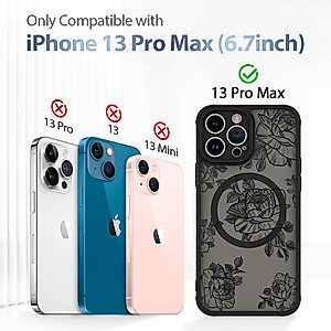 AIGOMARA Case for iPhone 13 Pro Max [Compatible with MagSafe] Black Flower Floral Pattern Design Case for Women Girls Soft TPU Bumper Hard PC Back Anti-Fall Shockproof Protective Magnetic Cover