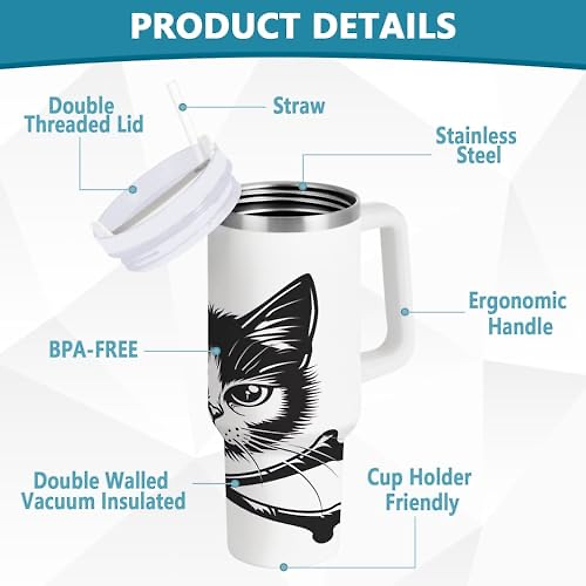 ODAWA Cat Skull Travel Tumbler 30 Oz Water Cup with Straw and Lid