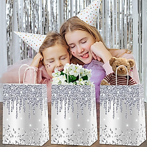 12Pcs Silver Glitter Gift Bags Glitter Diamond Goodie Bag Happy Birthday Treat Bag Diamond Silver Candy Bags Supply for Wedding Bridal Baby Shower Holiday Party Favors Decoration 4.7*3.15*8inch