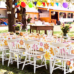 Groovy Party Supplies Daisy Groovy Party Tableware Set Serves 24 Include Boho Daisy Tablecloth Hippie Tableware Set for Groovy Boho Hippie Retro Birthday Baby Shower Party Decor