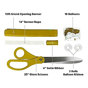 Nashira Ribbon Cutting Ceremony Kit, 25 inch Giant Scissors with Gold Satin Ribbon, Grand Opening Banner & Balloons - Heavy Duty Metal for Special Events, Inaugurations Ceremonies Gold,White,Red