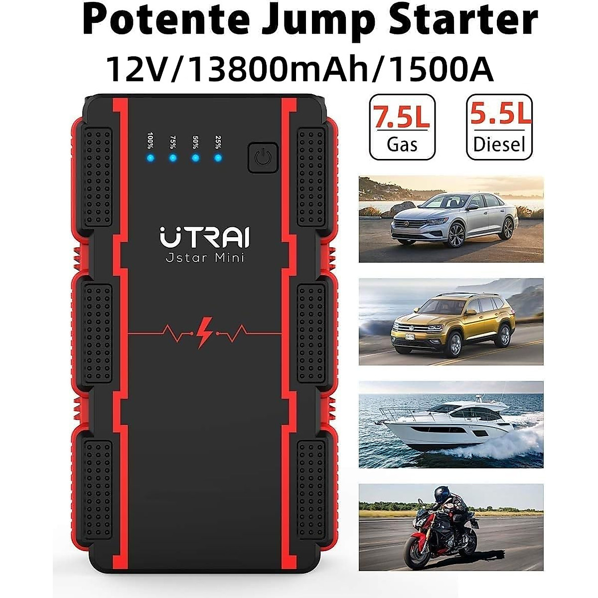 UTRAI Portable Car Jump Starter,1000A Peak 13800mAh Car Battery Jump Starter Pack JS-Mini （Up to 7.5L Gas and 5.5L Diesel Engine）,12V Auto Battery Booster,Lithium Jump Box with LED Light/USB QC3.0