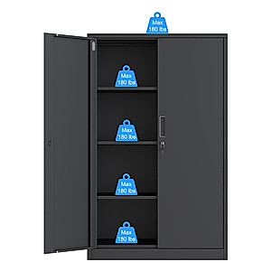 iJINGUR Metal Storage Cabinet with Locking Doors and 3 Adjustable Shelves, 53.5-Inch Tall Lockable Steel Storage Cabinets for Home Office Garage Pantry (Black)