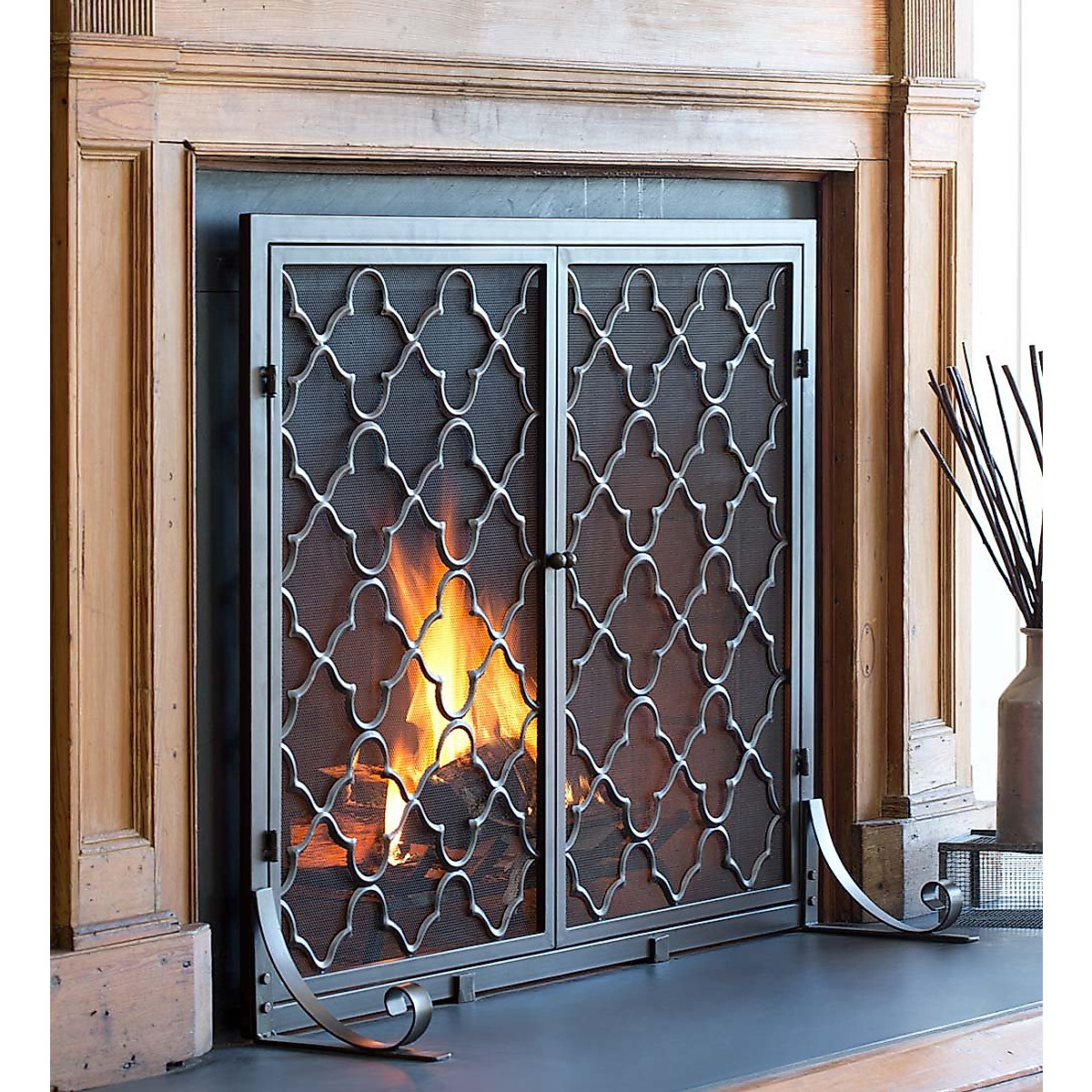 Plow & Hearth Metal Fireplace Screen Geometric Bronze | 44" W x 33" H | 2 - Door | Spark Guard Indoor Grate | Iron Fire Place Cover | Wood Burning Stove Decorative Accessories