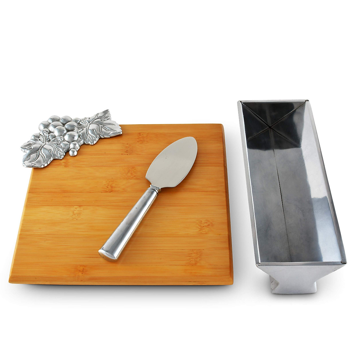 Arthur Court Designs Bamboo Cheese Board with Aluminum Grape Accent Cracker Tray and Spreader 8.5 inch x 8.5 inch board