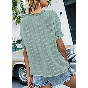 Dokotoo Women's Summer Lace V-Neck Flowy Short Sleeve Casual Loose Tunic Top - Light Green, L