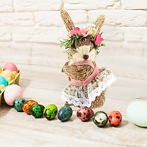 YIREAUD 1 Pcs Easter Straw Rabbit Easter Bunny Figurine Decoration Easter Bunny Statue Artificial Animal Model Sculpture Standing Straw Woven Bunny Ornament for Home Garden Spring Decor