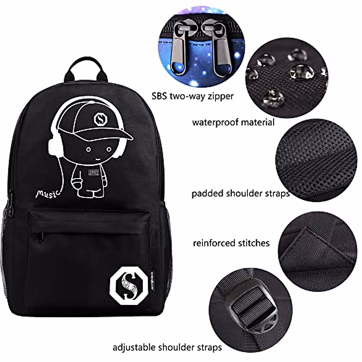 Lmeison Boys Backpack for School, Anime Cartoon Luminous Backpack with Lunch Box Pencil Case, Waterproof School Bookbag for Teen Girls, Laptop Backpack for Middle School High School, College, Black