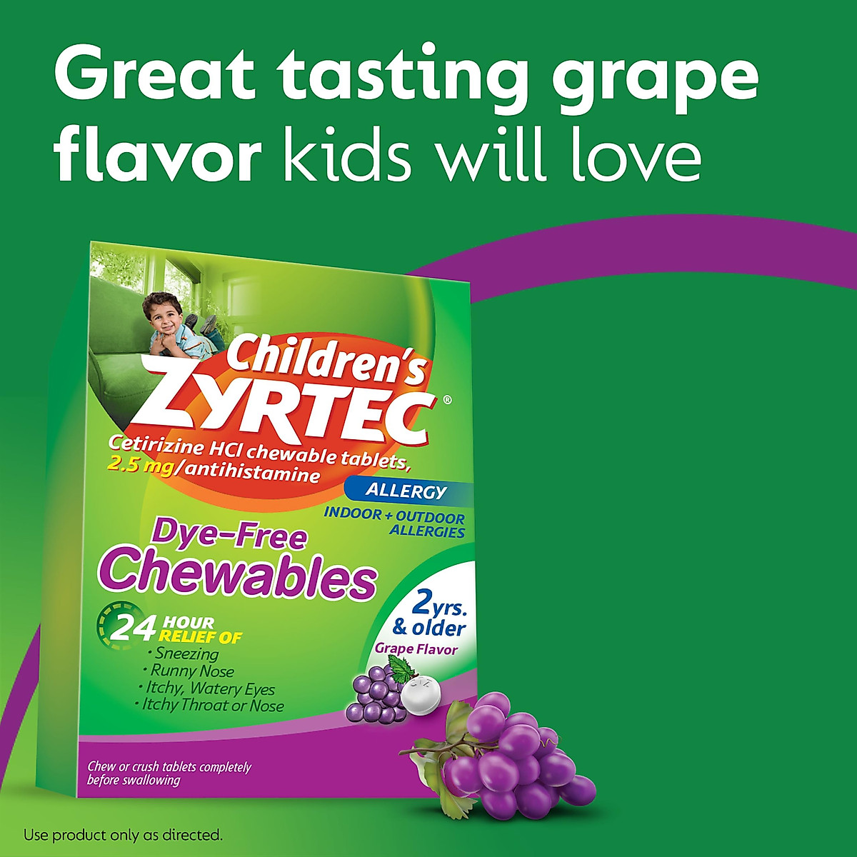 Zyrtec Children's Dye-Free Chewables for 24 Hour Allergy Relief, 2.5 mg Cetirizine HCl Antihistamine Tablets, Kids Allergy Medicine Relieves Sneezing & Itchy Nose & Throat, Grape, 24 ct
