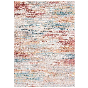 SAFAVIEH Calista Shag Collection 5'5" x 7'7" Beige / Aqua CAL112B Abstract Non-Shedding Living Room Bedroom Dining Room Entryway Plush 1-inch Thick Area Rug