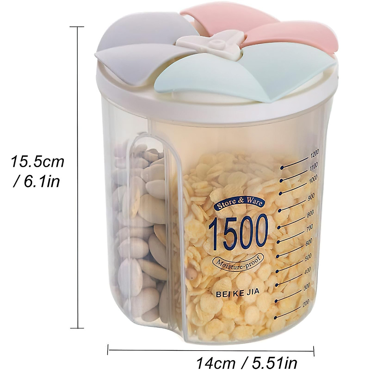 auons Airtight Kitchen Food Storage Container, Leak-Proof BPA Free Plastic Plastic Dry Cereal Dispensers Containers with Durable Lids for Flour, Sugar, Rice (1500ml-3 Grid)