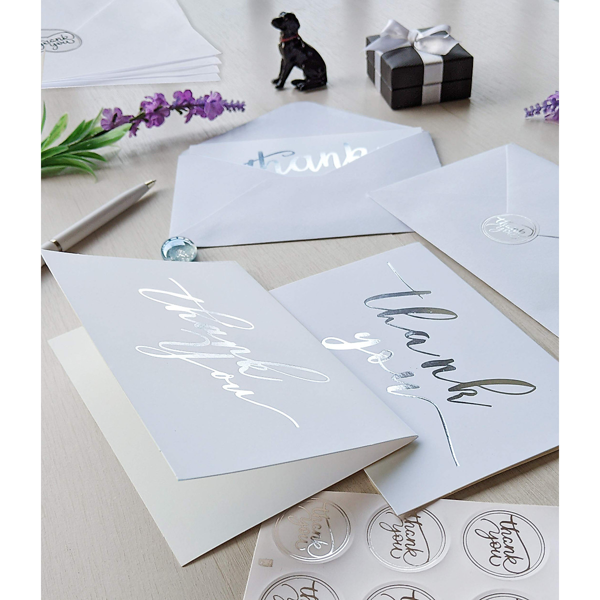 100 Thank You Cards in White with Envelopes & Stickers - Elegant 4 Designs Bulk Notes Embossed with Silver Foil Letters for Wedding, Formal, Business, Graduation, 4x6 Inch Thick Card Stock