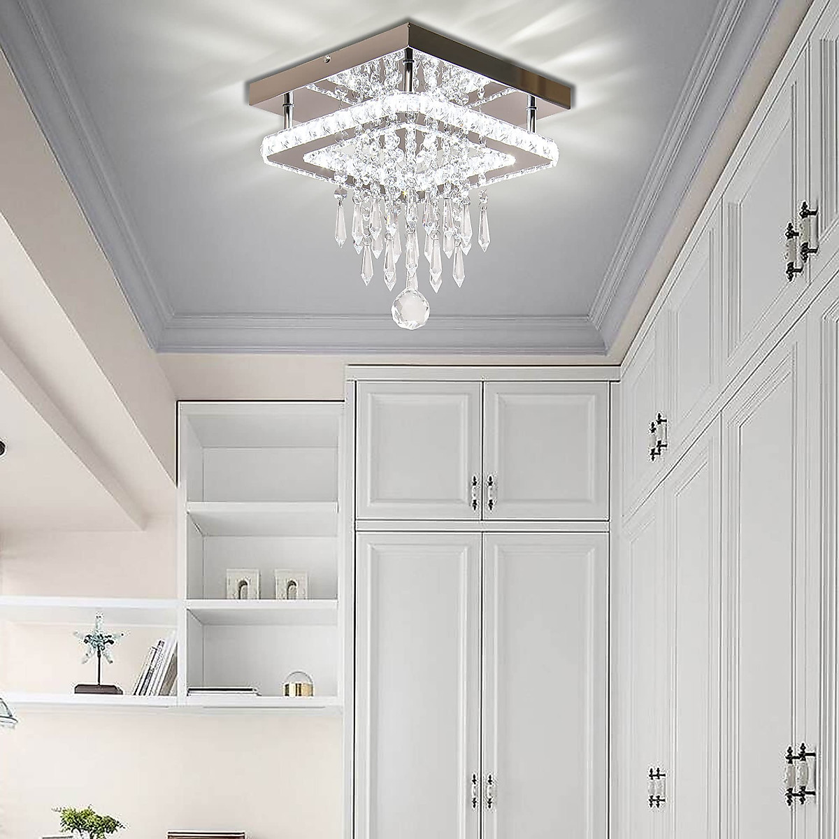 CXGLEAMING Square Crystal Chandelier Modern Crystal Ceiling Light Square LED Chandelier Flush Mount Ceiling Chandeliers for Dining Room Bedroom Hallway Closet (Cool White)