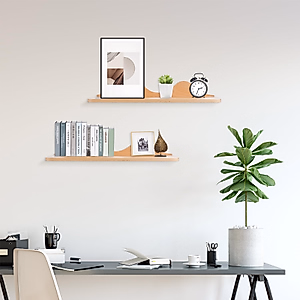 Wood Floating Shelves Wall Mounted Set of 2 for Wall Decor, Natural Wood Floating Shelves for Living Room/Bedroom/Kitchen Decor Storage (Natural)