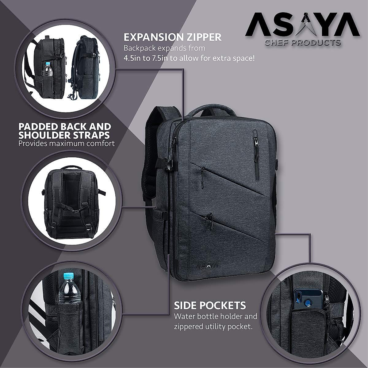Asaya Chef Knife Backpack with 20 Pocket Knife Roll Bag - Over 30 Pockets for Knives and Kitchen Utensils - Stain Resistant Waxed Nylon - Padded for Extra Protection - Knives Not Included