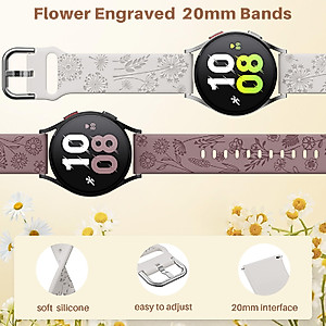 Flower Engraved Bands Compatible with Samsung Galaxy Watch 7/ FE/ 6/5/ 4/ Active 2 40mm 44mm/ 5 Pro 45mm/ Watch 6/4 Classic 43mm 47mm 42mm 46mm, 3 Pack 20mm Soft Silicone Replacement Watch Band BPS