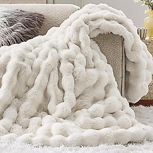 Bedsure Fluffy Faux Fur Throw Blanket Fuzzy Soft Bubble Blanket for Couch Bed Sofa Chair, Faux Fur Decor Gifts for Home Bedroom Living Room, Thick Warm Furry Cozy Gifts for Women, Cream, 50x70 Inch