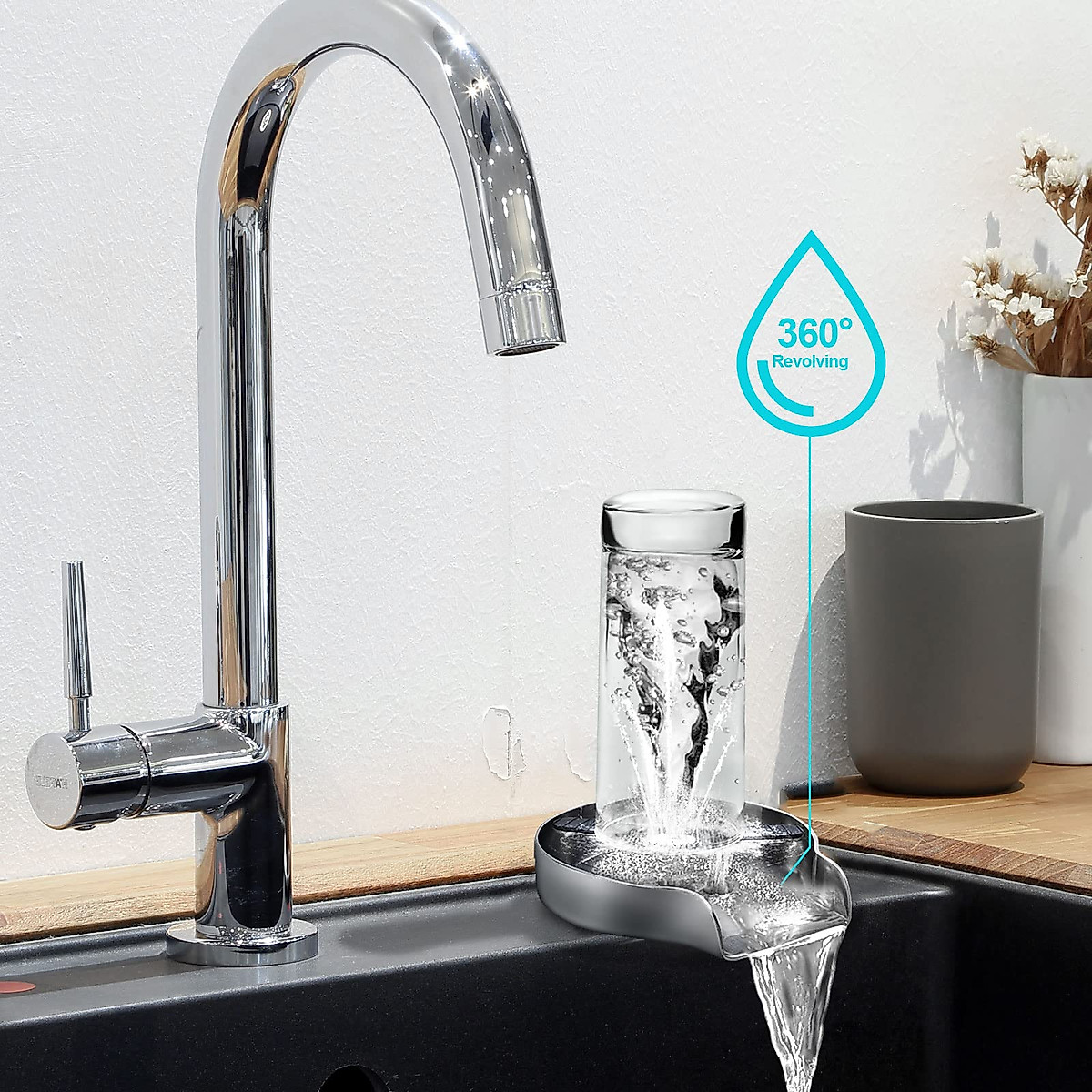 Glass Rinser, Ranol cup washer for sink with metal base, Stainless steel glass rinser for kitchen sink, Perfect for cleaning all glassware