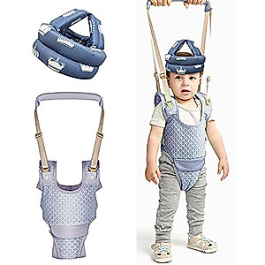 Baby Walking Harness and Safety Helmet,Baby Walker Toddler Walking Assistant,Adjustable Handheld Stand Up and Walking Learning Leash Kids Safety Breathable Walking Harness Walker for Baby 7-24 Months