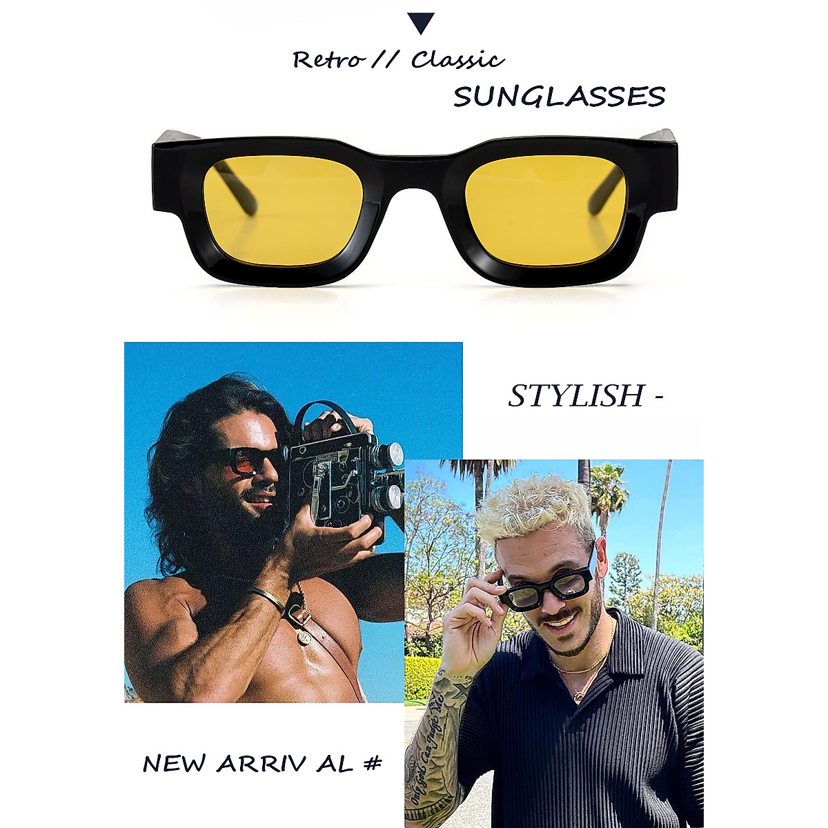 Teumire Retro Rectangle Polarized Sunglasses for Small Face Women Men Chunky Square Thick Frame Glasses UV400 Protection(Black/Clear Yellow)