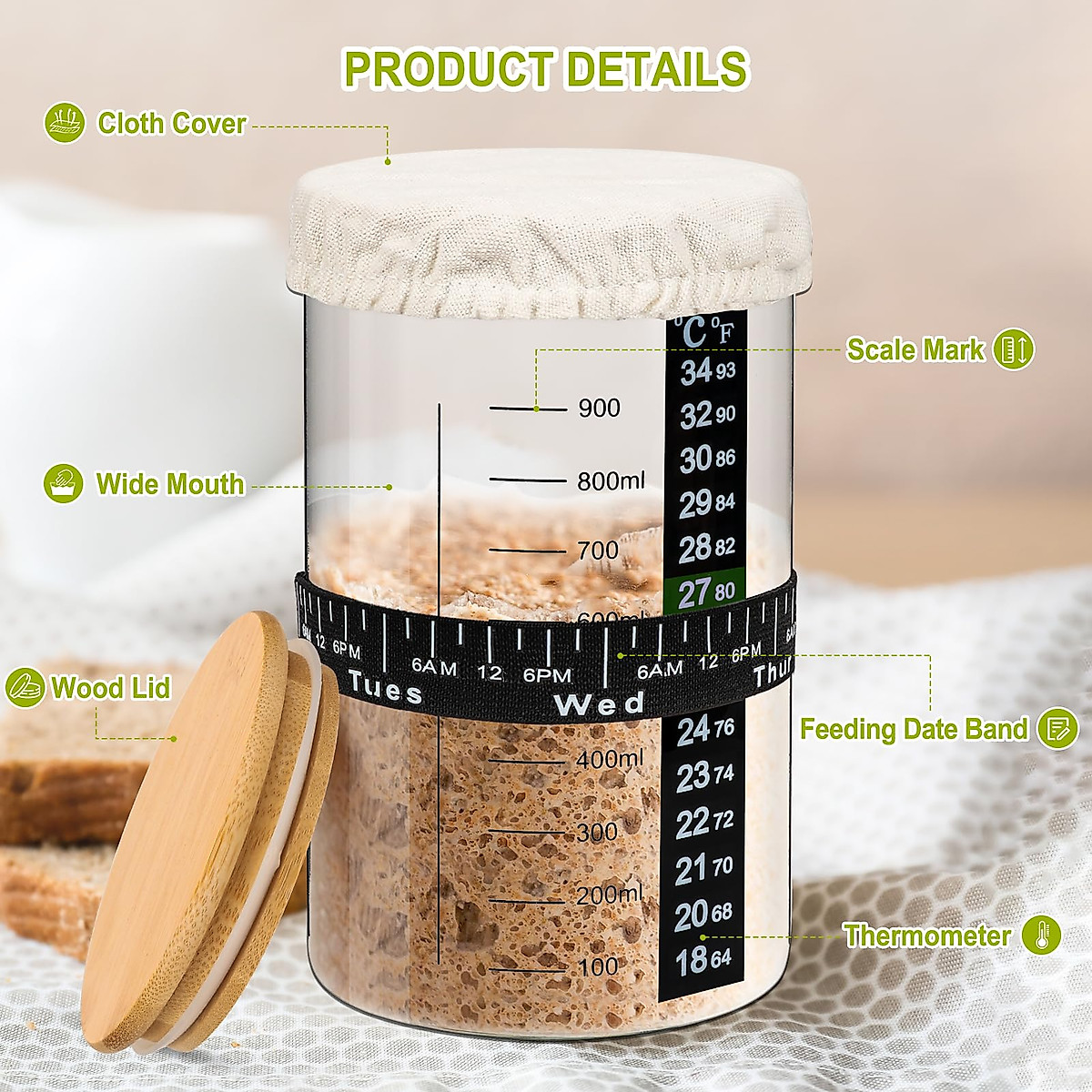 2 Packs Sourdough Starter Kit with 32 Oz Glass Jar, Sourdough Starter Jar Kit with Thermometer, Feeding Date Band, Silicone Tool, Reusable Sourdough Baking Supplies for Beginner Making Sourdough Bread