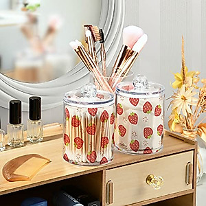Vnurnrn Clear Plastic Jar Set for Cotton Ball, Cotton Swab, Cotton Round Pads, Floss, Strawberries Bathroom Canisters Storage Organizer, Vanity Makeup Organizer,2Pack