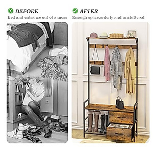 aboxoo Hall Tree with Storage Bench, Coat Rack, 2-Tier Shelves, Fabric Storage Basket, 10 Hooks, Industrial 5 in 1 Large Organizer, Wood Look Accent Furniture-Sturdy Metal Frame (Rustic Brown)