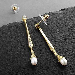 Mariell Gold Freshwater Pearl Cubic Zirconia Dangle Earring for Brides, Prom, Wedding, Birthday Gift