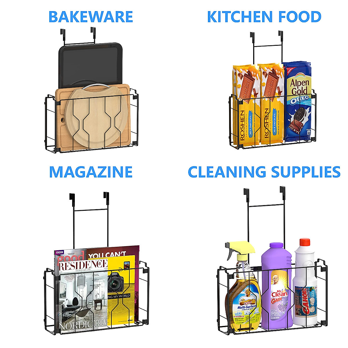 2 Pack- Simple Trending Over the Door/Wall Mount Cabinet Door Organizer Holder in Kitchen or Pantry for Cutting Board, Aluminum Foil, Cleaning Supplies, Black