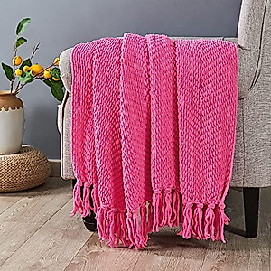 Bytide Throw Blanket for Couch Soft Knitted Textured Couch Cover Tweed Blanket with Fringe Tassel for Home Décor Bed Sofa Chair, 50" x 60", Hot Pink