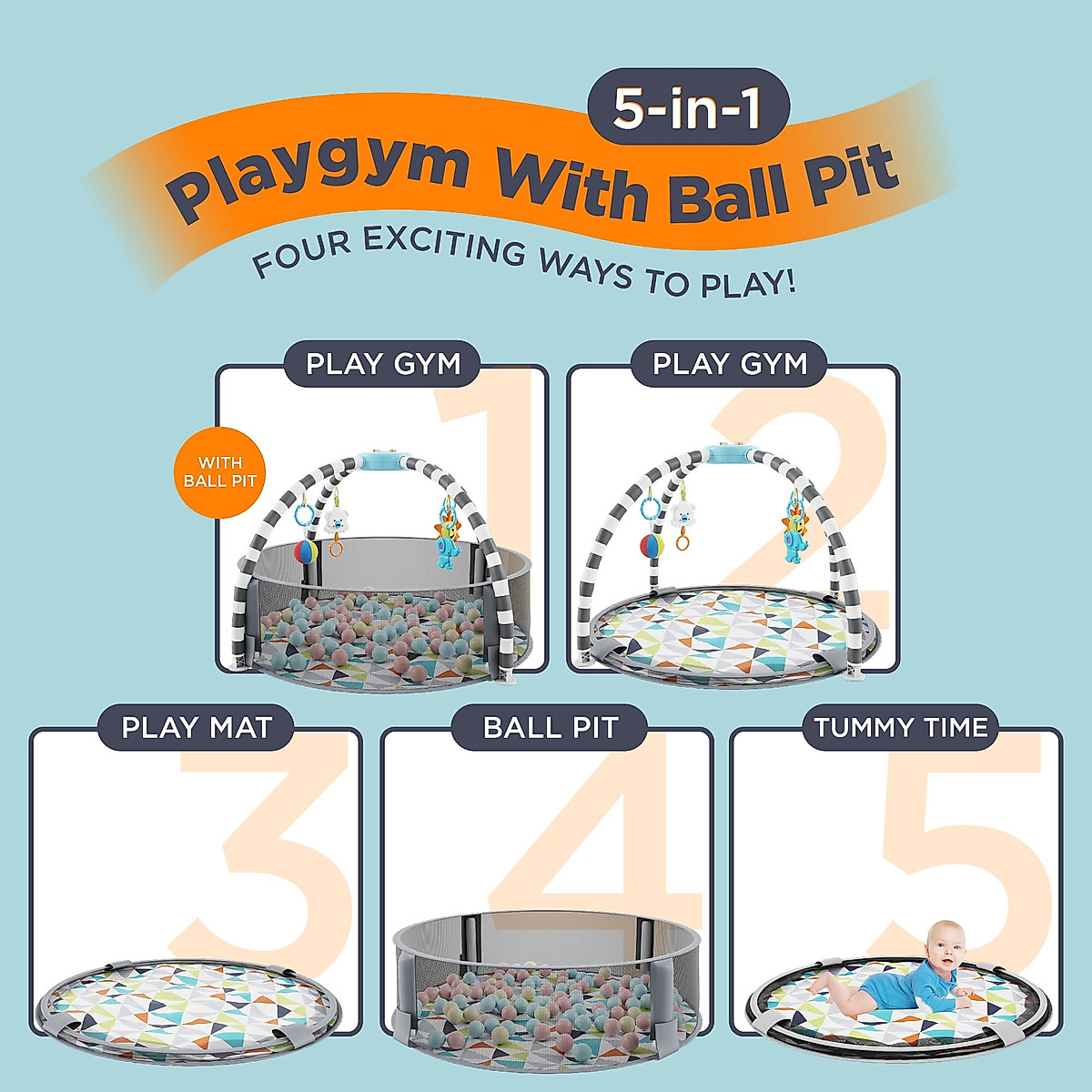5 in 1 Baby Play Gym and Ball Pit - Baby Gym with 6 Toys, Balls, Tummy Pillow, Tummy Time Play Mat - Easy to Set Up Baby Activity Mat - Baby Gym Ball Pit - Infant Playmats for Boy & Girls