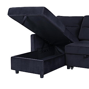 BOWERY HILL Black Velvet Reversible/Sectional Sleeper Sofa with Storage Chaise